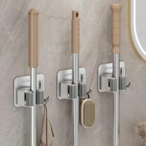 3-pack punch-free stainless steel broom and mop multifunctional rack hooks - self-adhesive and no drilling required - universal for kitchen, bathroom and garden (silver)