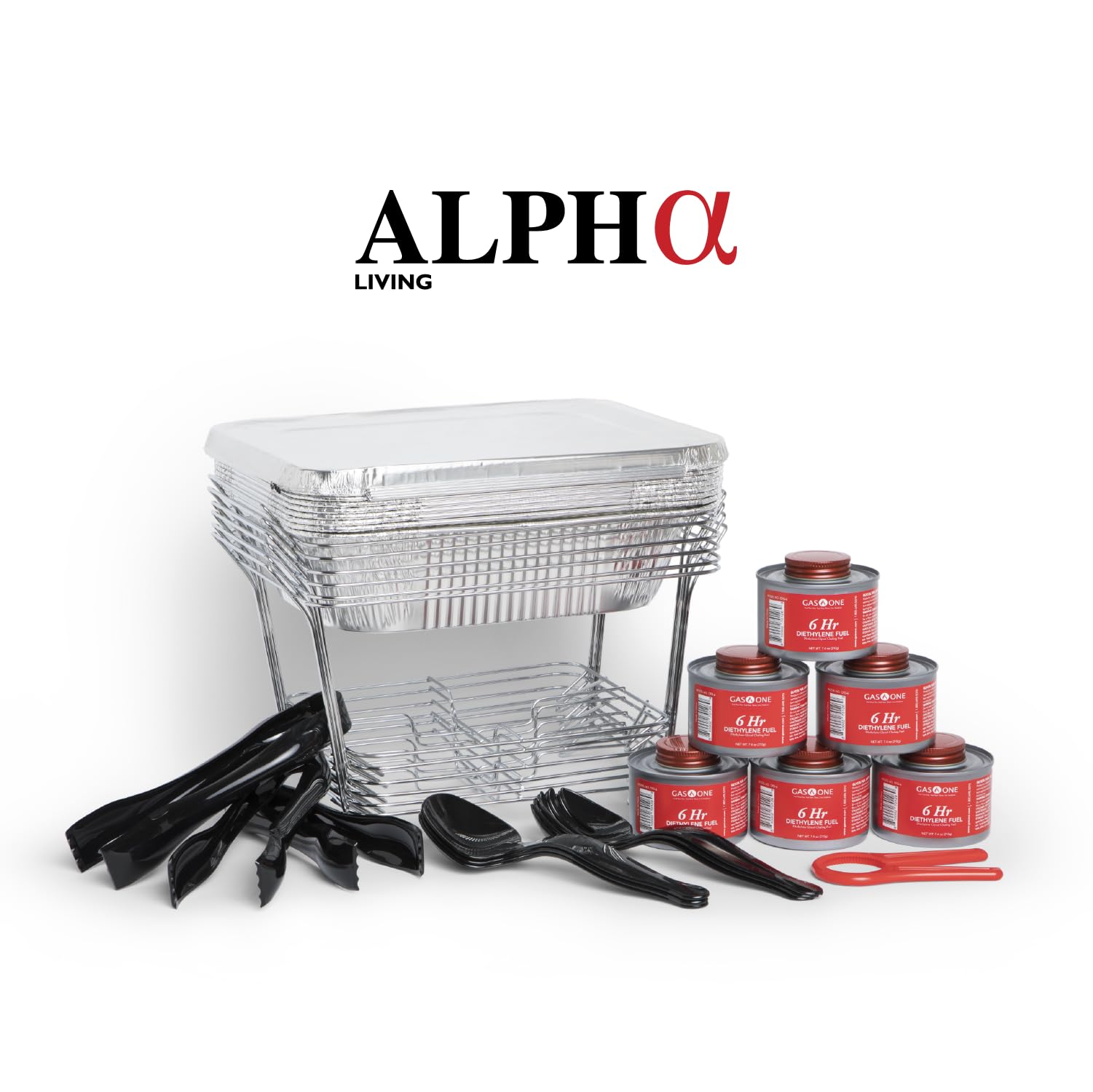 Alpha Living 6 Pack - Disposable Chafing Dish Buffet Set, Welded Body Food Warmers for Parties, 6hr Fuel Cans Complete Set, Half Size Pans, Warming Trays