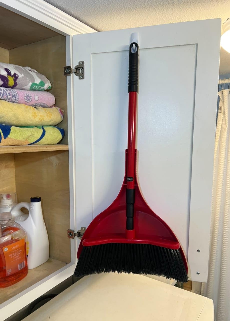 Premium Curved Wide Broom with Wide Dustpan and Rubber Seal, 50” Steel Pole Red Broom and Dustpan, Ideal for Indoor and Outdoor Cleaning, Kitchen, and Garage