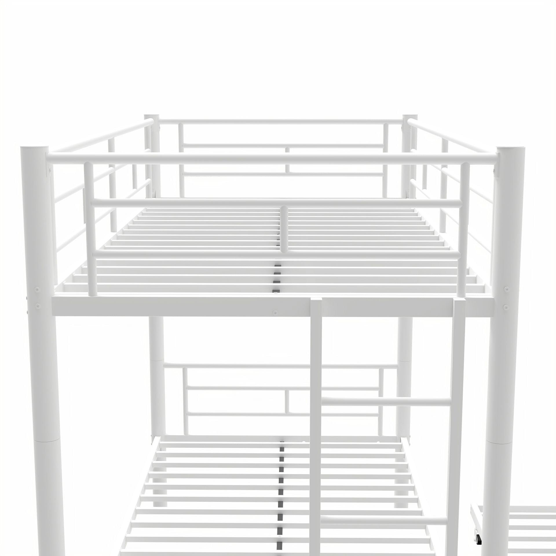 XMRCLP Heavy-Duty Metal Twin Over Bunk Bed with Trundle, Noise Reduced, Safety Guardrail for Bedroom or Guest Room, Kids, 77.00" L, 40.30" W, 61.40" H (White)