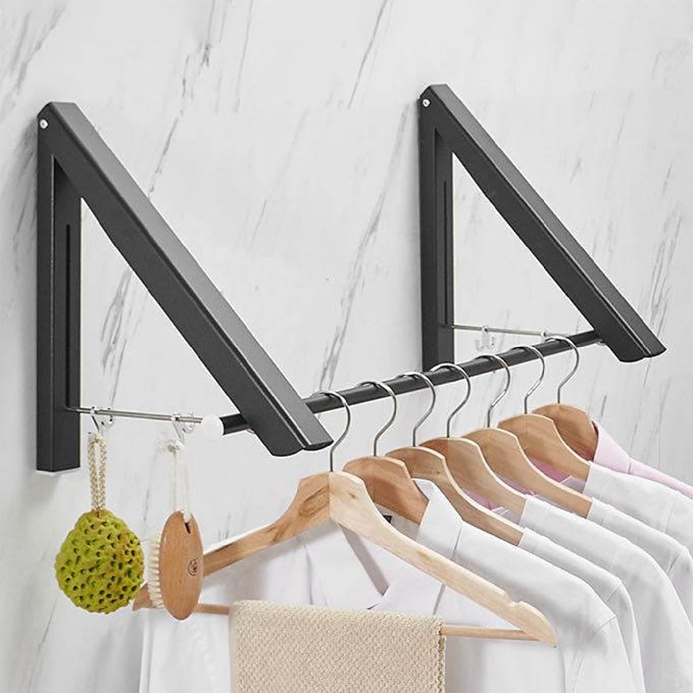 Foldable Wall Mounted Drying Rack with 80CM Extension Rod，Heavy Duty Aluminum Telescopic Clothes Hanger for Laundry Room Organisation Storage Drying Hanging Clothes with Drying Rod (2-Pack, Black)