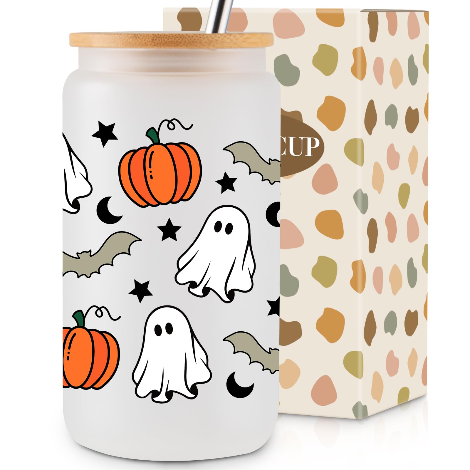 Halloween Cups Mugs Pumpkin Ghost 16Oz Iced Coffee Glass Cups with Lids and Straws Cute Halloween Gifts for Women Kids Teens Adults Spooky Gifts for Girls Boys Halloween Tumbler Fall Smoothie Cup