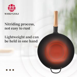 WANGYUANJI Iron Wok, 14.17’’ Traditional Round-Bottom Wok, Chef’s Professional Stir-Fry Pan with Wooden Handle, Chemical-Free Iron Wok for Gas Stoves and Round-Bottom Induction Stovetop