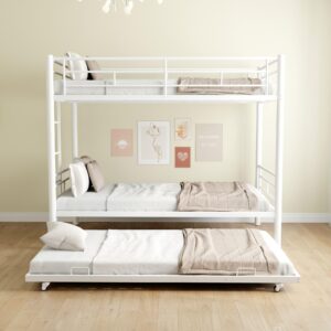 XMRCLP Heavy-Duty Metal Twin Over Bunk Bed with Trundle, Noise Reduced, Safety Guardrail for Bedroom or Guest Room, Kids, 77.00" L, 40.30" W, 61.40" H (White)