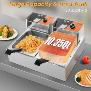 Commercial Deep Fryer 20.7Qt/20L Dual Tank Deep Fryers with Baskets 0.8mm Thickened Stainless Steel Electric Countertop Fryer with Adjustable Temperature, 1700w x2, 110v