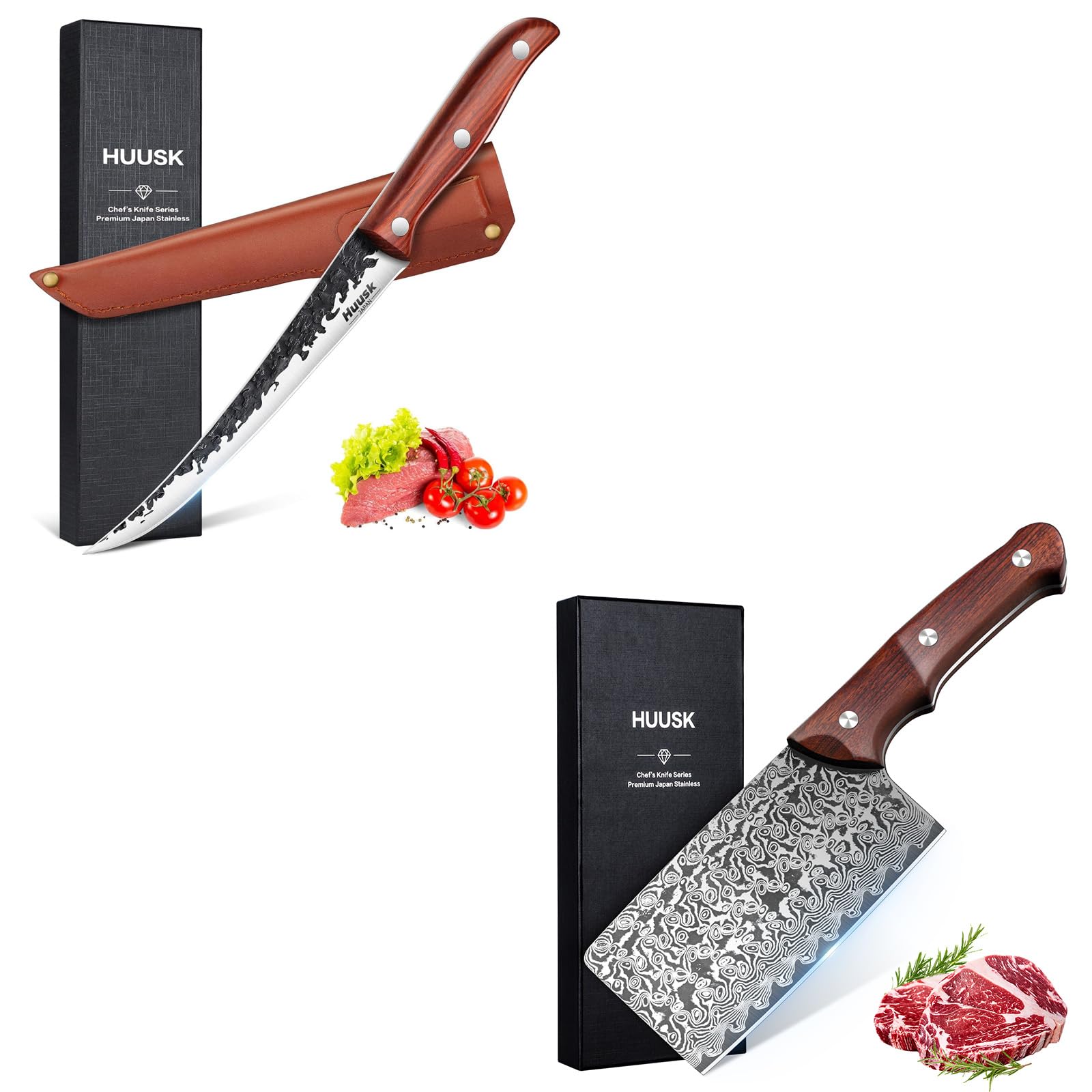 Huusk Meat Cleaver Knife Fillet Knife for Meat Cutting Vegetable Cleavers with Ergonomic Handle Chopping Knives for Kitchen Japanese Boning Knife Meat Butcher Knife for Fish Chincken Gift for Dad