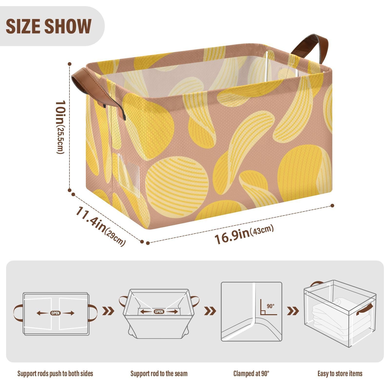 VKPSCHJ Potato Chips Pattern Printed Storage Bins Collapsible Storage Baskets with Handles, Foldable Storage Boxes for Closet Shelf Office Organizer