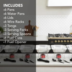 Alpha Living 6 Pack - Disposable Chafing Dish Buffet Set, Welded Body Food Warmers for Parties, 6hr Fuel Cans Complete Set, Half Size Pans, Warming Trays