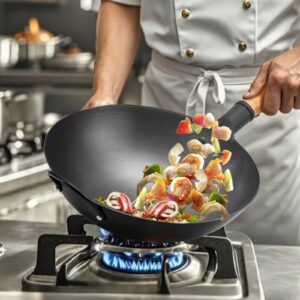 WANGYUANJI Iron Wok, 14.17’’ Traditional Round-Bottom Wok, Chef’s Professional Stir-Fry Pan with Wooden Handle, Chemical-Free Iron Wok for Gas Stoves and Round-Bottom Induction Stovetop