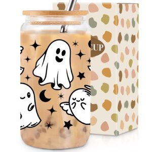 cocogifts halloween cups mugs ghost 16oz iced coffee glass cups with lids and straws cute halloween gifts for women kids teens adults spooky gifts for girls boys halloween tumbler smoothie cup