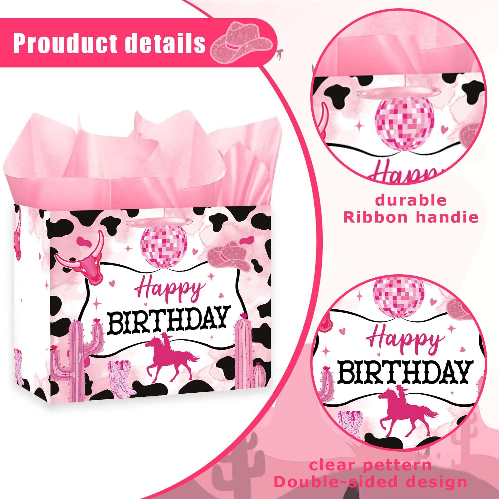 Pink Cowgirl Birthday Gift Bag Set with Tissue Paper – Extra Large Birthday Bag for Girls, Cowgirl Party Decorations, Western Theme Gift Bags for Women Kids, Disco Cowgirl Party Favors, 11.8 x 9.4 x 5.3 Inches