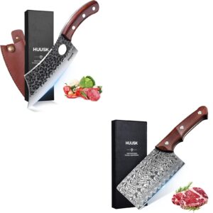 huusk japanese butcher knife for meat cutting vegetable cleavers with ergonomic handle chopping knives for kitchen hand forged chef butcher full tang meat cleave for outdoor cooking,camping bbq