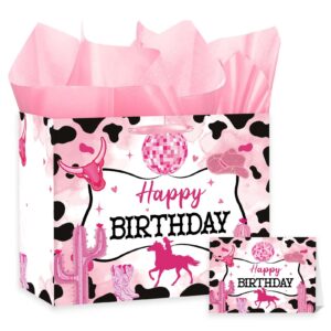 pink cowgirl birthday gift bag set with tissue paper – extra large birthday bag for girls, cowgirl party decorations, western theme gift bags for women kids, disco cowgirl party favors, 11.8 x 9.4 x 5.3 inches