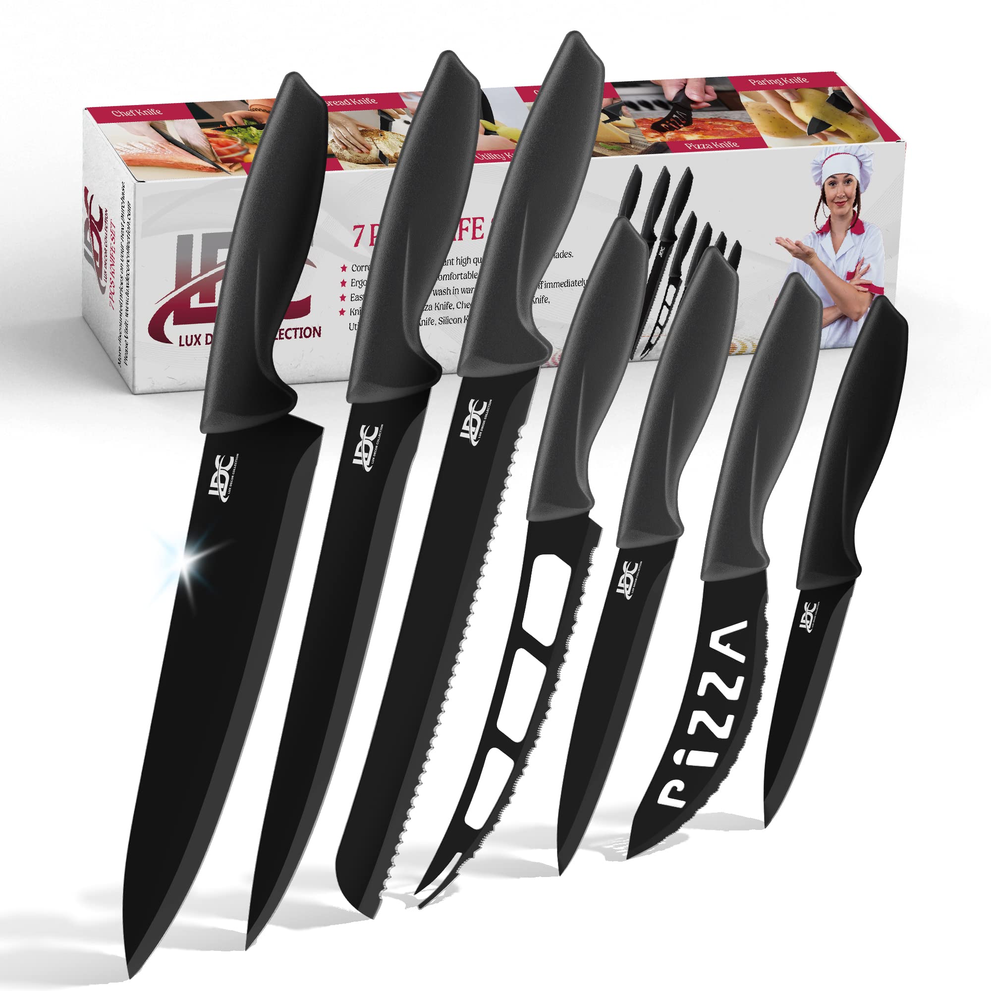 LUX Decor 7 Pcs Kitchen Knife Set and Meat Cleaver - High-Carbon Stainless Steel knives Set and 7 Inch Meat Chopper with Anti-Slip Handles - Ultra-Sharp Blades