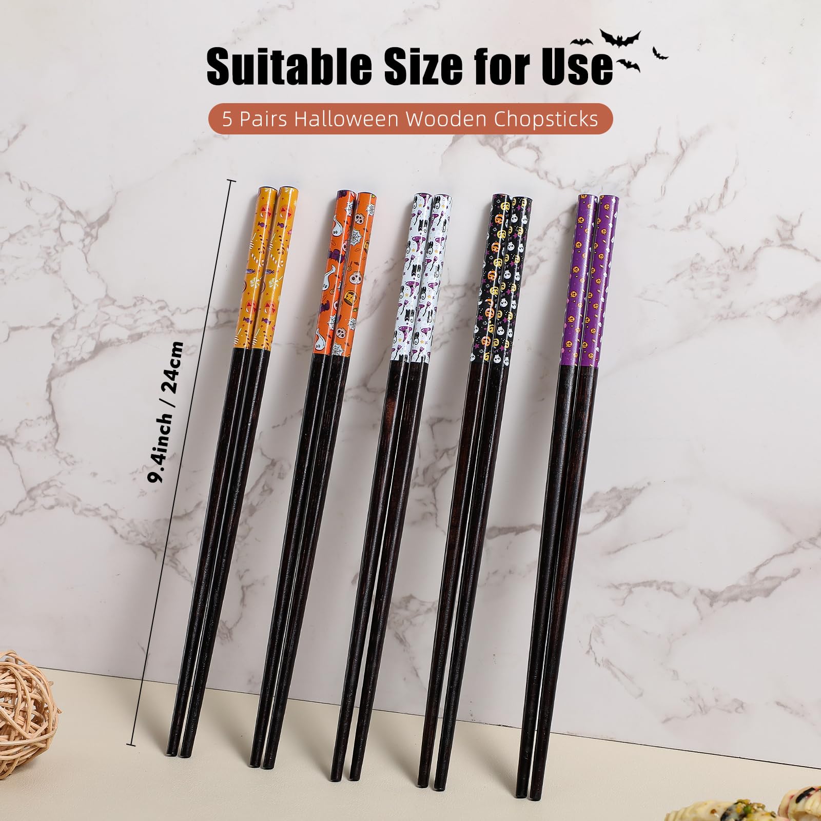 Sbirdbao Halloween Party Reusable 5 Pairs 9.4 Inches Wooden Chopsticks, Dishwasher Safe Tableware Gift with Halloween Decorations Sets