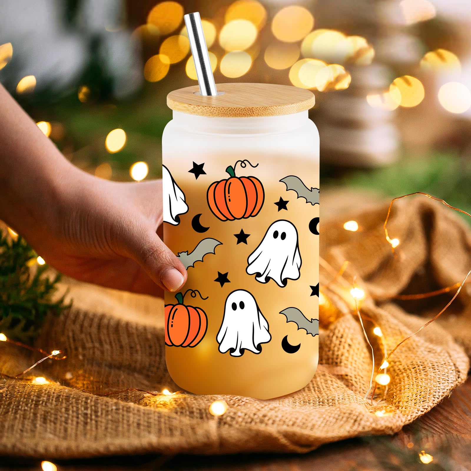 Halloween Cups Mugs Pumpkin Ghost 16Oz Iced Coffee Glass Cups with Lids and Straws Cute Halloween Gifts for Women Kids Teens Adults Spooky Gifts for Girls Boys Halloween Tumbler Fall Smoothie Cup