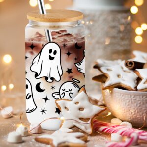 COCOGIFTS Halloween Cups Mugs Ghost 16Oz Iced Coffee Glass Cups with Lids and Straws Cute Halloween Gifts for Women Kids Teens Adults Spooky Gifts for Girls Boys Halloween Tumbler Smoothie Cup