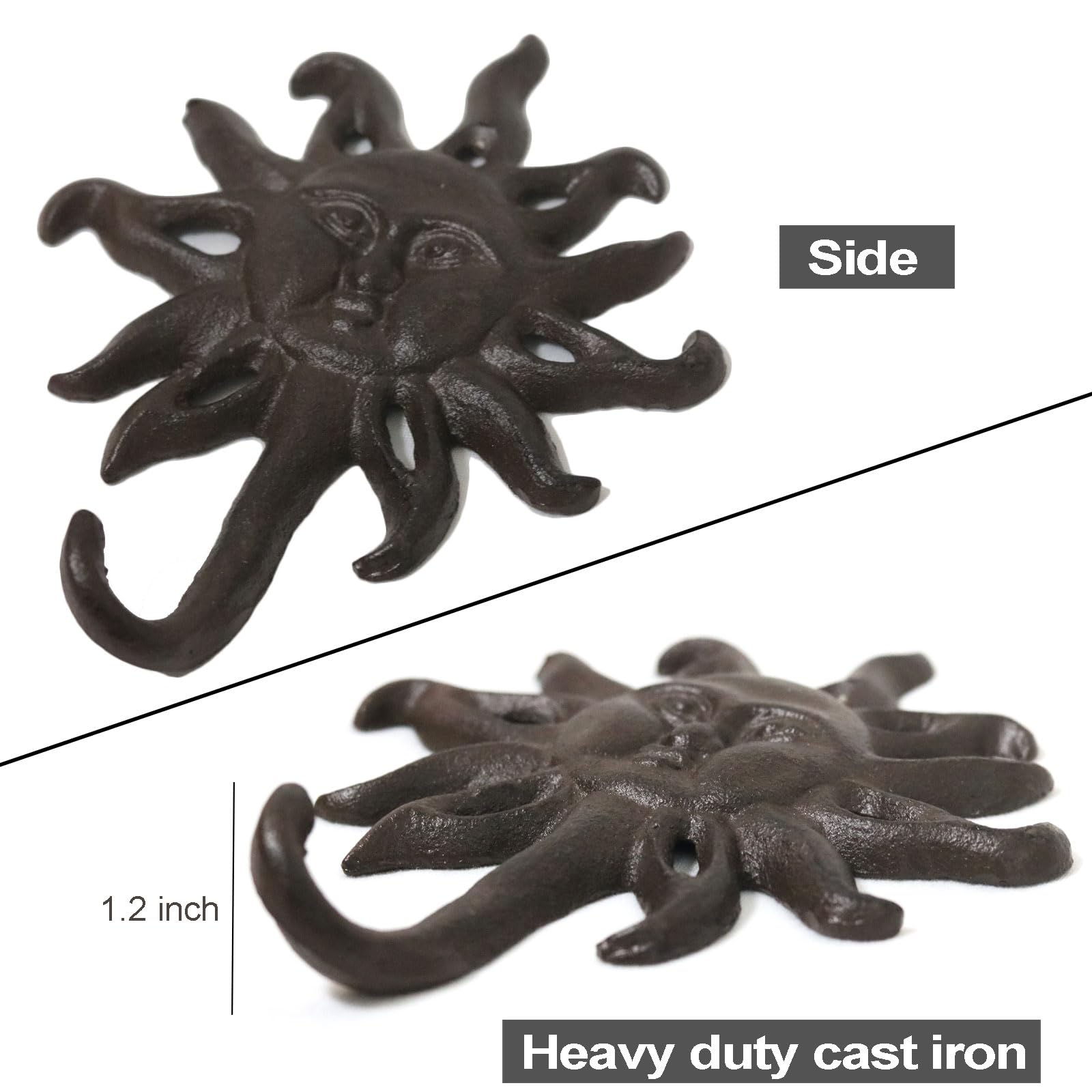 Coat Hooks, 2Pcs Heavy Duty Vintage Cast Iron Hook with Screws for Home Wall Hanging, Wall Mounted Antique Black Hooks for Coat, Scarf, Bag, Towel, Key, Cap (Sun Shape)