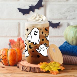 COCOGIFTS Halloween Cups Mugs Ghost 16Oz Iced Coffee Glass Cups with Lids and Straws Cute Halloween Gifts for Women Kids Teens Adults Spooky Gifts for Girls Boys Halloween Tumbler Smoothie Cup