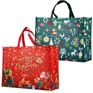 parsup 2pcs giant christmas gift bags, heavy duty treat tote grocery bags with handles, sewing non-woven jumbo bags for gifts wrapping shopping, xmas party supplies, 21.26"×15.7"×7.9"