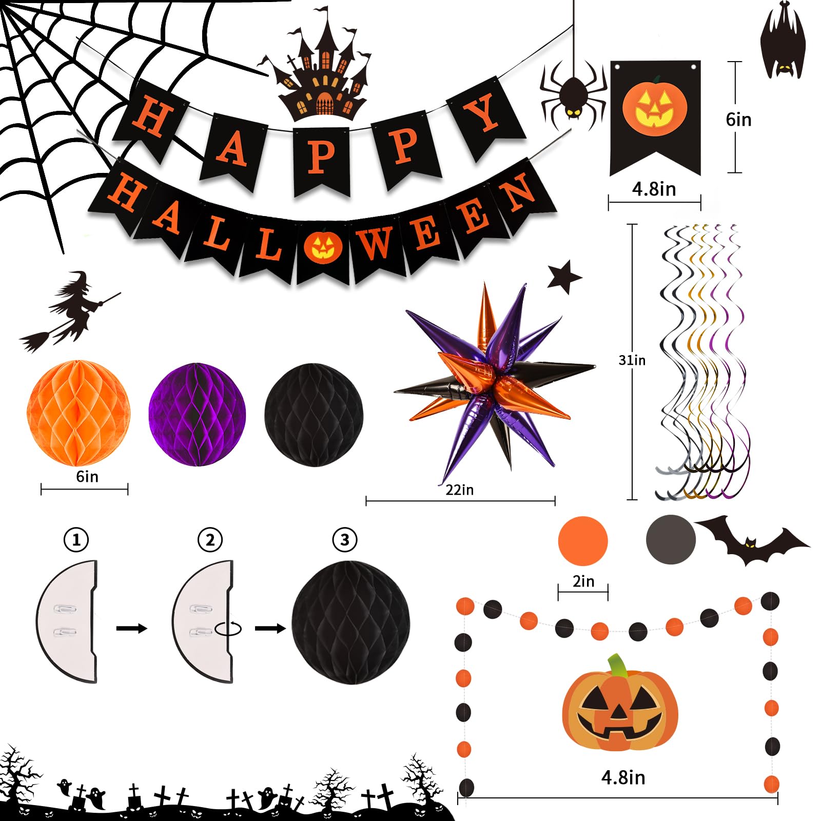 Happy Halloween Banner Decorations Kit with Star Balloons Honeycomb Balls Metallic Hanging Swirls Circle Dot Garland for Halloween Party Decorations