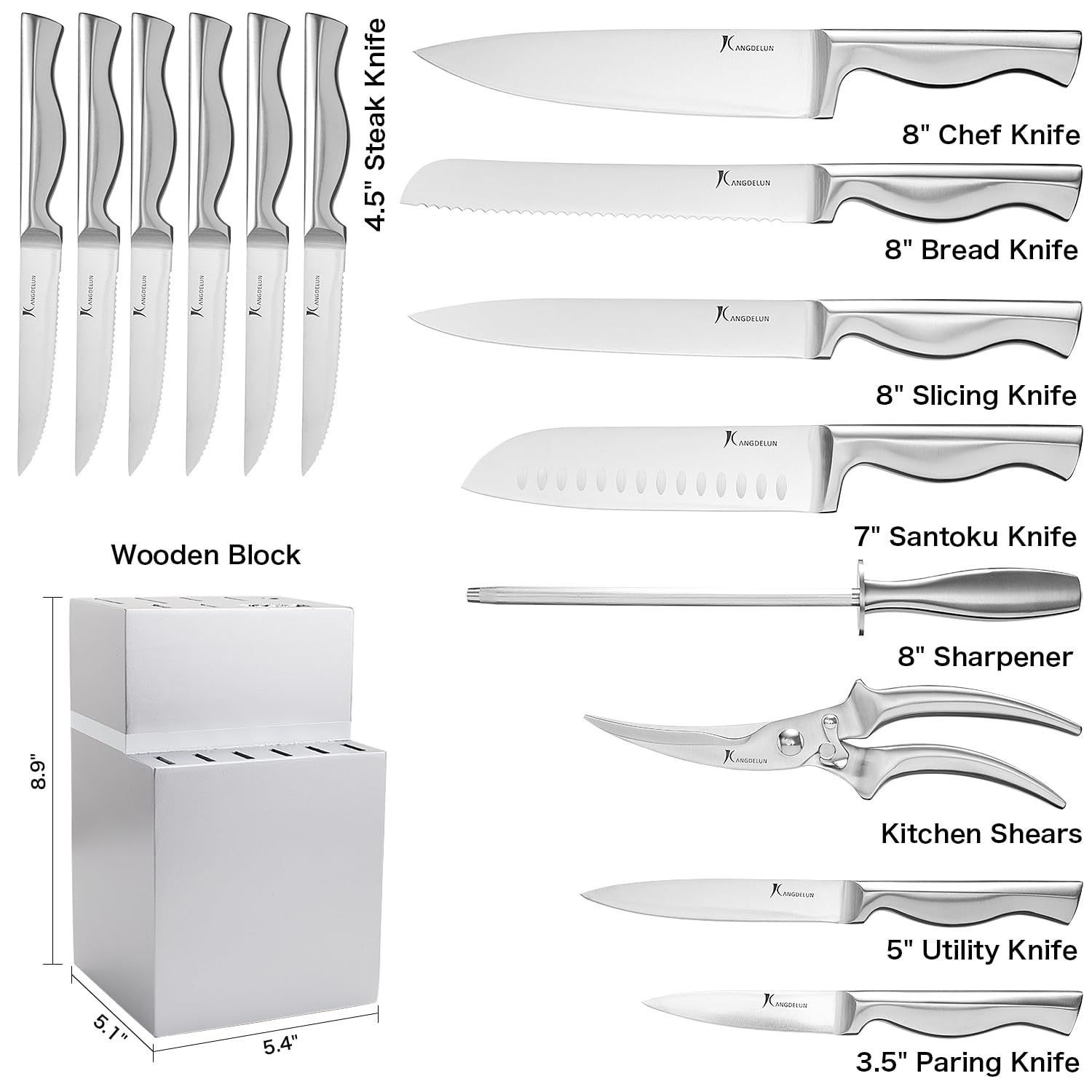 Kangdelun 15 PCS Knife Block Set, Ultra Sharp High Carbon Stainless Steel, Ergonomic Non-Slip Handle