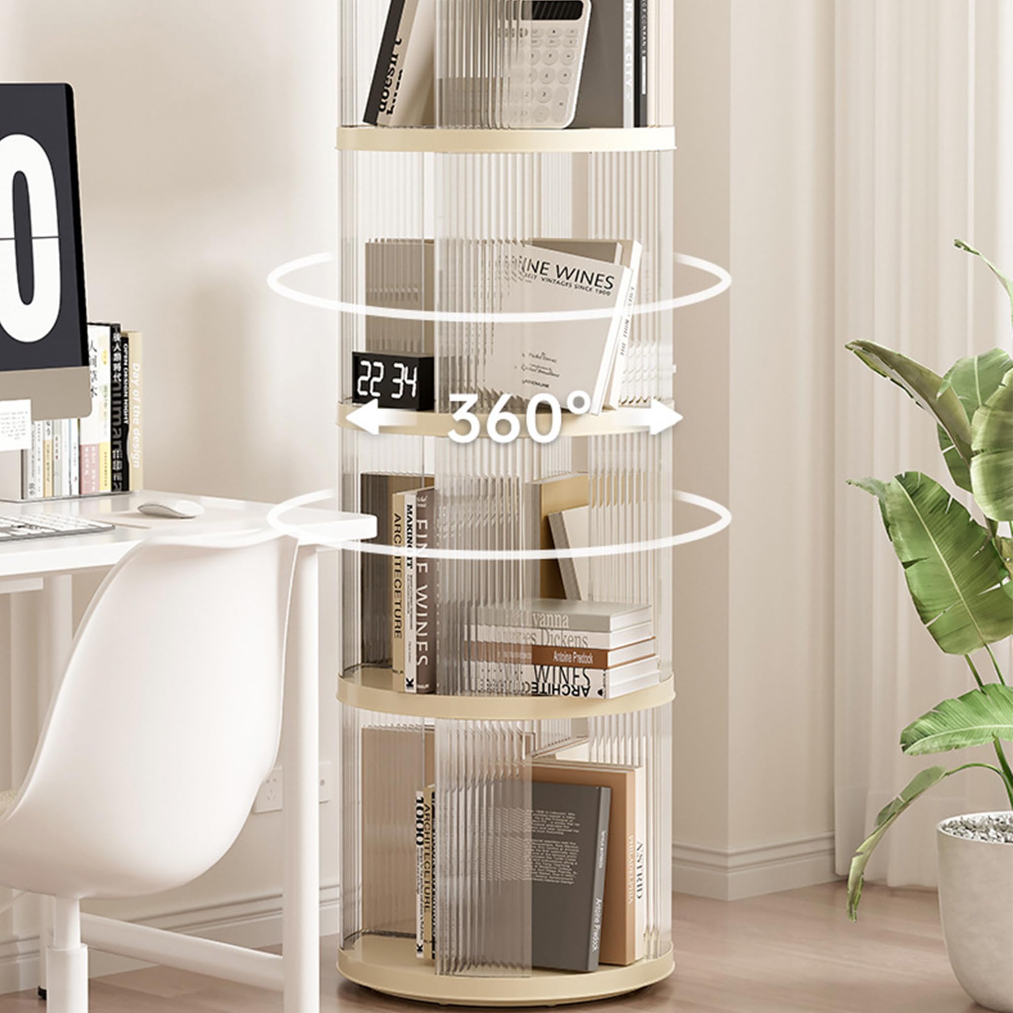 Andazododc Bookcases 4 Tier Plastic Bookshelf, 53.35 x 15.95 in, White Tall Bookcase Shelf for CDs/Movies/Books, Storage Organizer for Bedroom/Living Room/Home Office (4 Layers/Circular/Rotating)