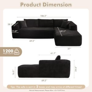 106" Cloud Sectional Couch with Chaise Longue,L Shaped Modular Modern Sofa,Comfy Corduroy Fluffy Couch with Deep Seat,No Assembly Required Couch for Living Room(Right,Plush Corduroy,Black)