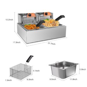 Commercial Deep Fryer 20.7Qt/20L Dual Tank Deep Fryers with Baskets 0.8mm Thickened Stainless Steel Electric Countertop Fryer with Adjustable Temperature, 1700w x2, 110v