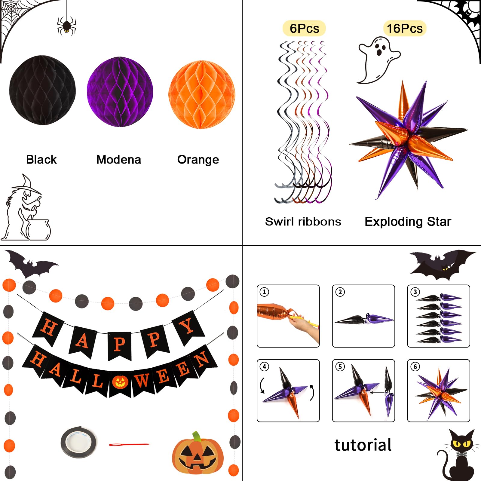 Happy Halloween Banner Decorations Kit with Star Balloons Honeycomb Balls Metallic Hanging Swirls Circle Dot Garland for Halloween Party Decorations