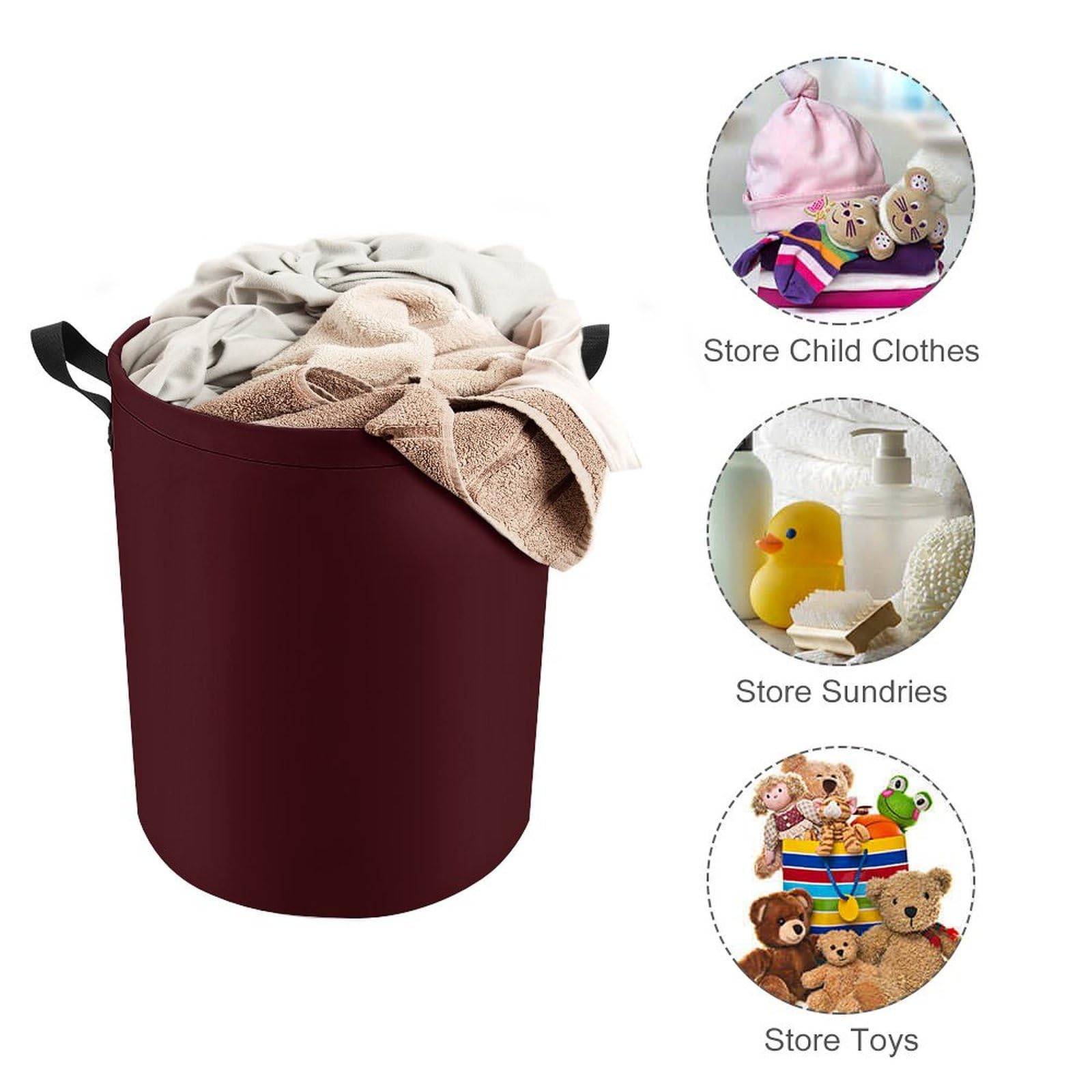 Large Laundry Hamper Bag, Solid Dark Red Maroon Laundry Basket with Drawstring Collapsible Dirty Clothes Storage Washing Bin for Bathroom, Dorm Essentials