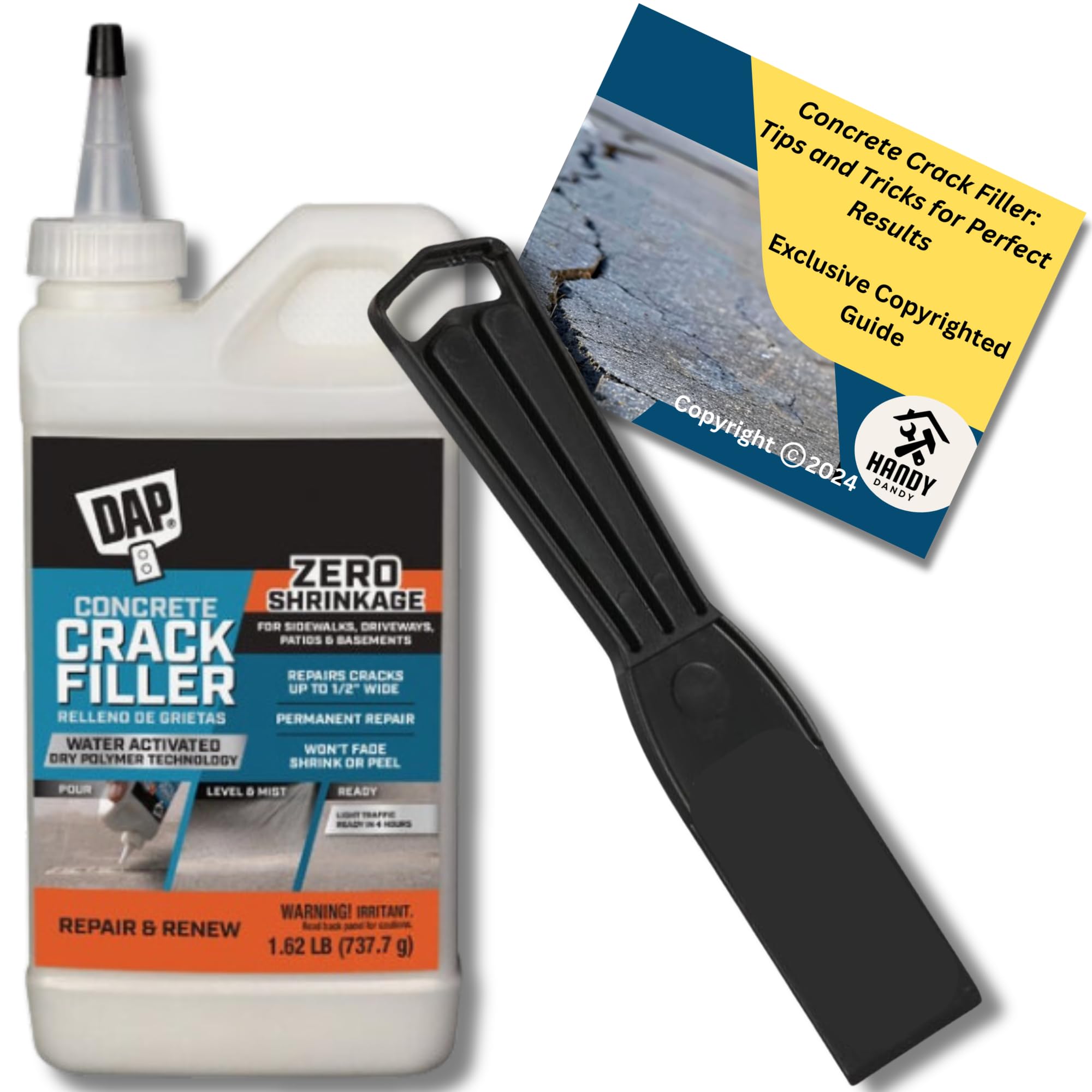 Concrete Crack Repair Kit (Dry)- Bundle with DAP Concrete Crack Filler (1.62 lbs) - Handy Dandy Guide and Putty Knife-Cement Crack Filler- Patio, Sidewalk, Basement, and Driveway Crack Filler(Gray)