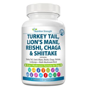 nutrition strength 15-in-1 mushrooms for dogs turkey tail 600mg lion's mane 600mg reishi 600mg shiitake 500mg cordyceps 300mg chaga 300mg maitake 200mg meshima blazei poria enoki portobello 90 tablets