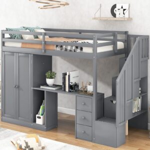 harper & bright designs twin loft bed with stairs,desk and wardrobe, solid wood loft bed frame with storage drawers, cabinet, for kids teens adults (twin size, gray)