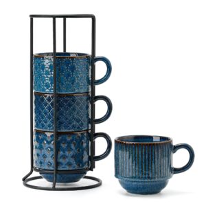 jh jiemei home large ceramic coffee mug set of 4 with stand, 15 oz stackable different embossment ribbed latte cup set for cappuccino, tea, hot cocoa, drinks - dishwasher & microwave safe, blue