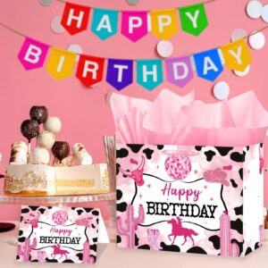 Pink Cowgirl Birthday Gift Bag Set with Tissue Paper – Extra Large Birthday Bag for Girls, Cowgirl Party Decorations, Western Theme Gift Bags for Women Kids, Disco Cowgirl Party Favors, 11.8 x 9.4 x 5.3 Inches