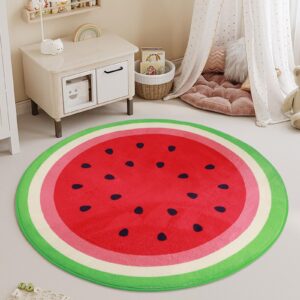 3ft round watermelon rug - fruit rug, memory foam circle rug for kids room, non-slip round carpet, soft area rug for bedroom, nursery, playroom, classroom, room decor