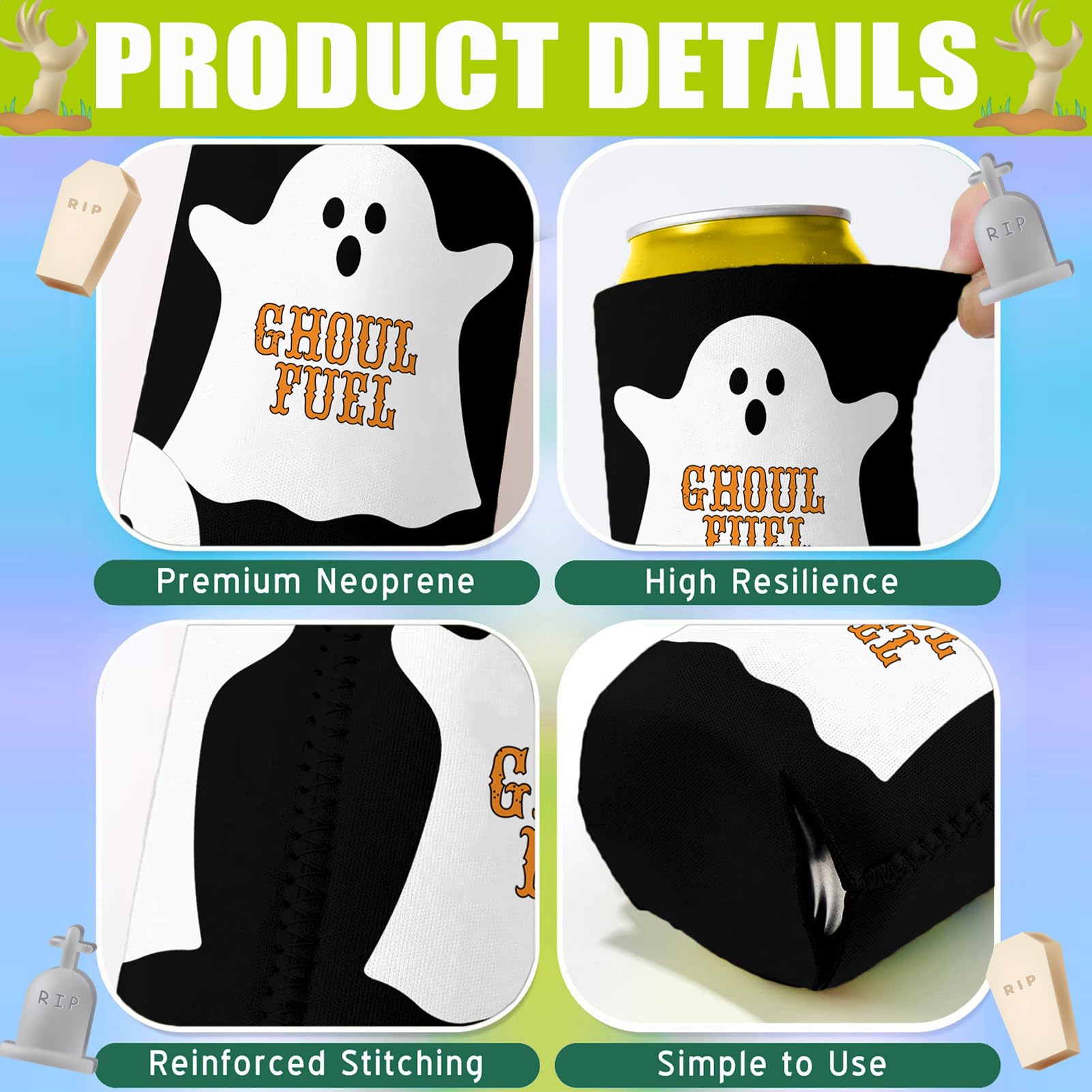 Pop Nordic Halloween Party Can Cooler Sleeves - 6 Pack Halloween Ghost Drink Cooler Decor, Funny Beer Cozy Bulk for Halloween Party Favor Supplies Gathering Gift Ideas