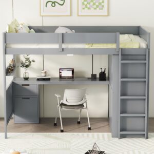 Full Size Loft Bed with Desk, Wardrobe and Drawers, Wood Full Storage Bed Frame with Cabinet and Shelves for Kids Teens Adults, No Box Spring Needed, Easy Assembly (Gray)