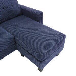 DERCASS Velvet Sectional Couch with Reversible Chaise, L Shaped Sofa with Ottoman and Wood Legs for Small Apartment (Navy)