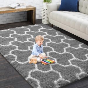 evoionos grey white area rugs for living room, 3x5 feet fluffy geometric rug for bedroom, plush shaggy soft indoor floor carpet for kids room home decor, upgrade non slip washable aesthetic gray rug