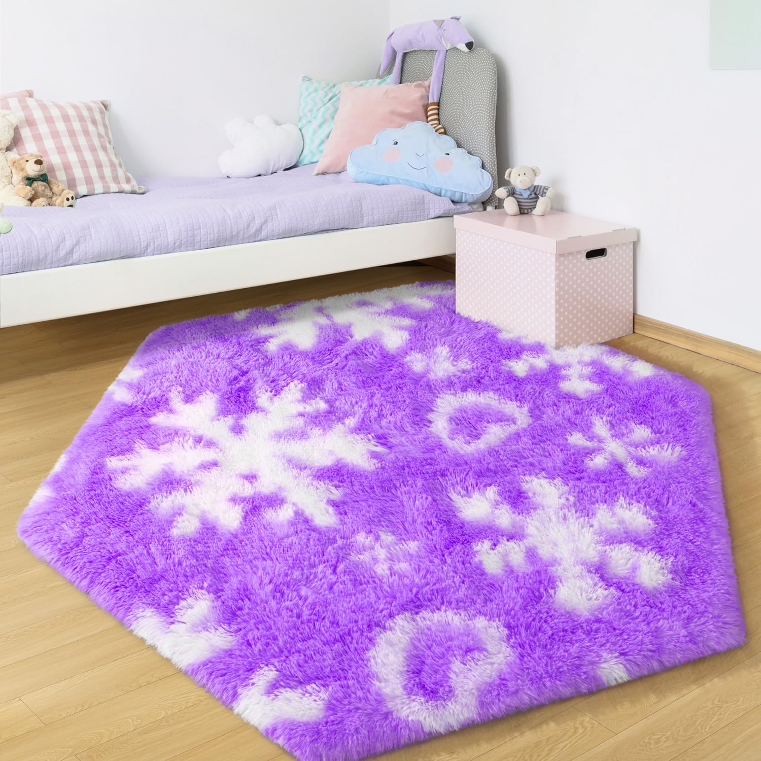 EVOIONOS Purple Princess Tent Rug, 4x4.6 Feet Purple Rugs for Girls Bedroom, Fluffy Purple Snowflake Rug for Room Decor, Plush Carpet for Kids Room Playroom Nursery Decor, Cute Hexagon Purple Rugs