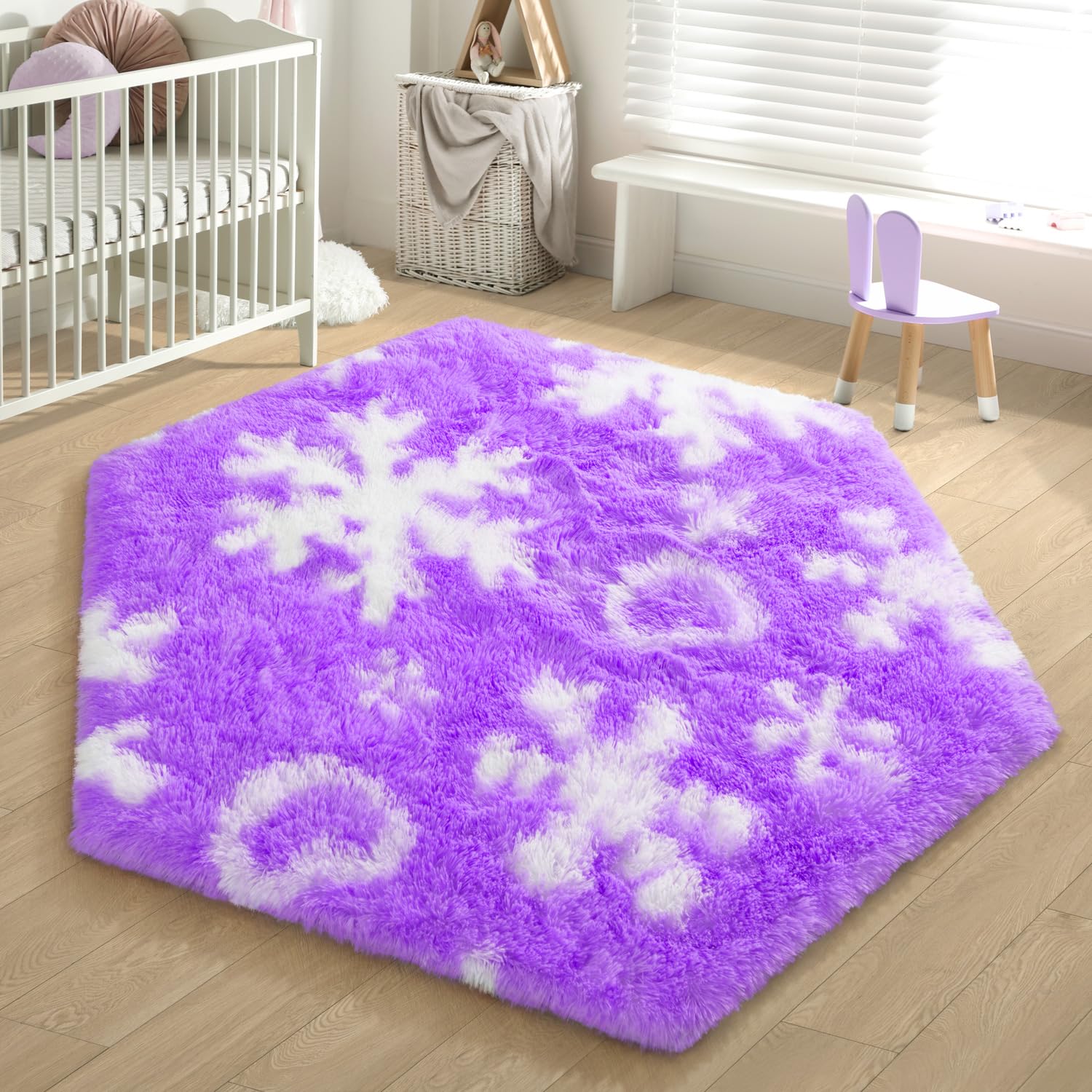 EVOIONOS Purple Princess Tent Rug, 4x4.6 Feet Purple Rugs for Girls Bedroom, Fluffy Purple Snowflake Rug for Room Decor, Plush Carpet for Kids Room Playroom Nursery Decor, Cute Hexagon Purple Rugs