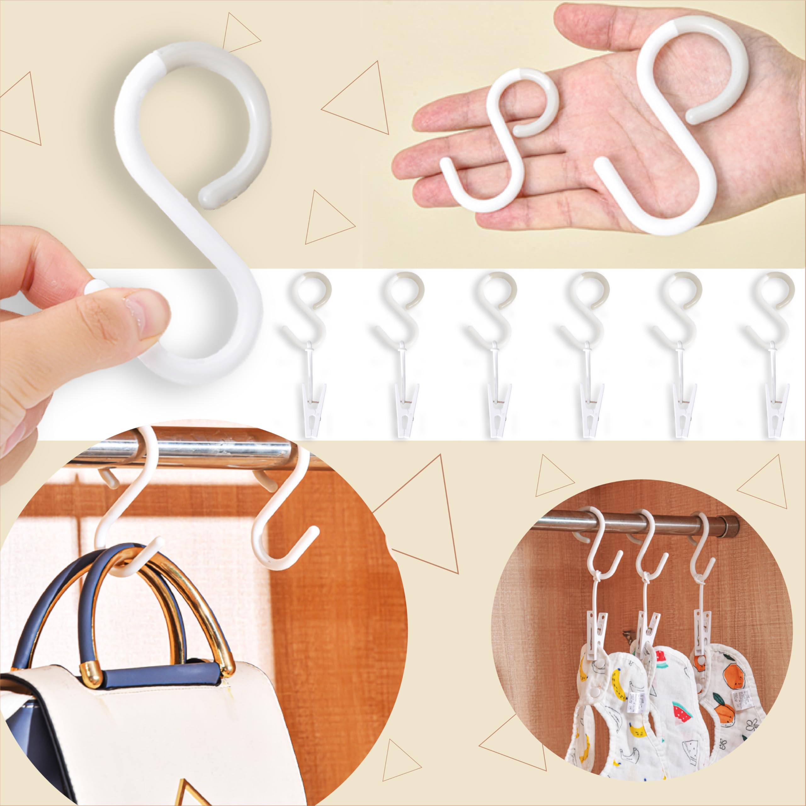 AOKELEON 6 Pack Laundry Hooks Clip Plastic Clothes Pins S Hooks Pins Towel Clips Super Strong Hanger Clips Flexible Neck Easy Twist and Lock for Clothing Store Kitchen Wardrobe Socks Handbag White