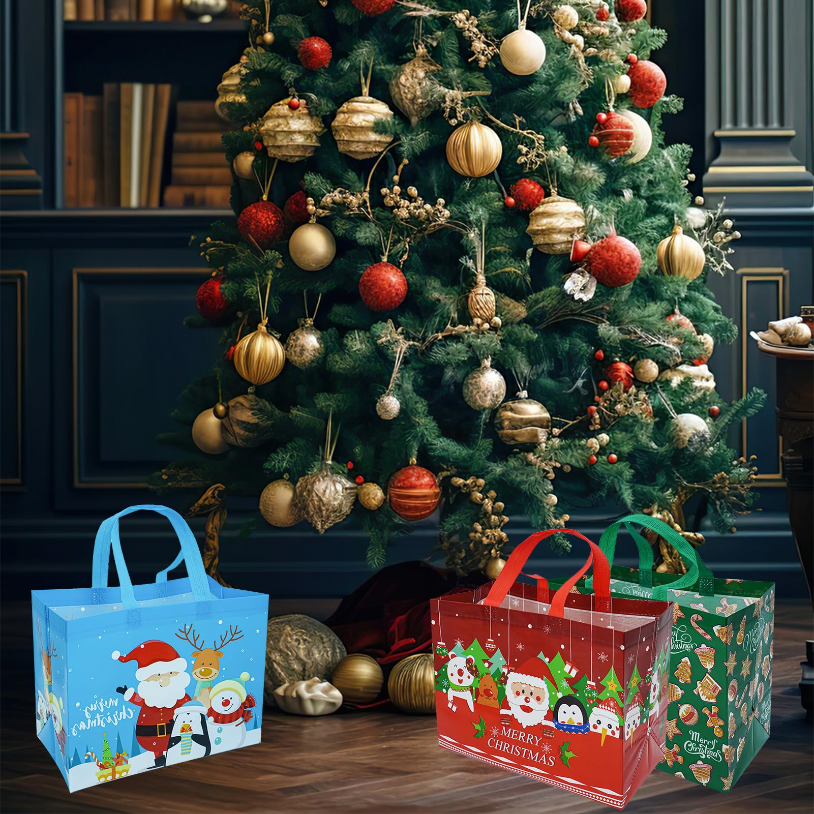 Christmas Gift Bags Tote-Bag with Handles - 12 Pack Reusable Non-Woven Xmas Party Supplies Presents Holiday Santa Claus Merry Christmas Pattern for New Year's Shopping L12.6"xH9.8"xW6.7" (32x25x17cm)