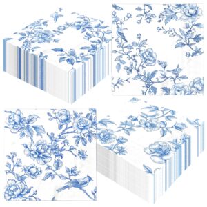 blue bridal shower decorations napkins, 40pcs blue floral napkins for blue bridal shower decorations, blue and white floral napkins for blue floral decorations blue wedding shower decorations