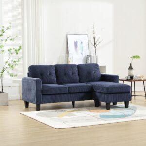 dercass velvet sectional couch with reversible chaise, l shaped sofa with ottoman and wood legs for small apartment (navy)