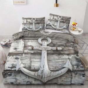 anchor duvet cover california king size, nautical themed ocean pattern bedding set 3 piece for bedroom decor, navigation duvet cover & 2 pillow shams, with zipper & ties, super soft microfiber