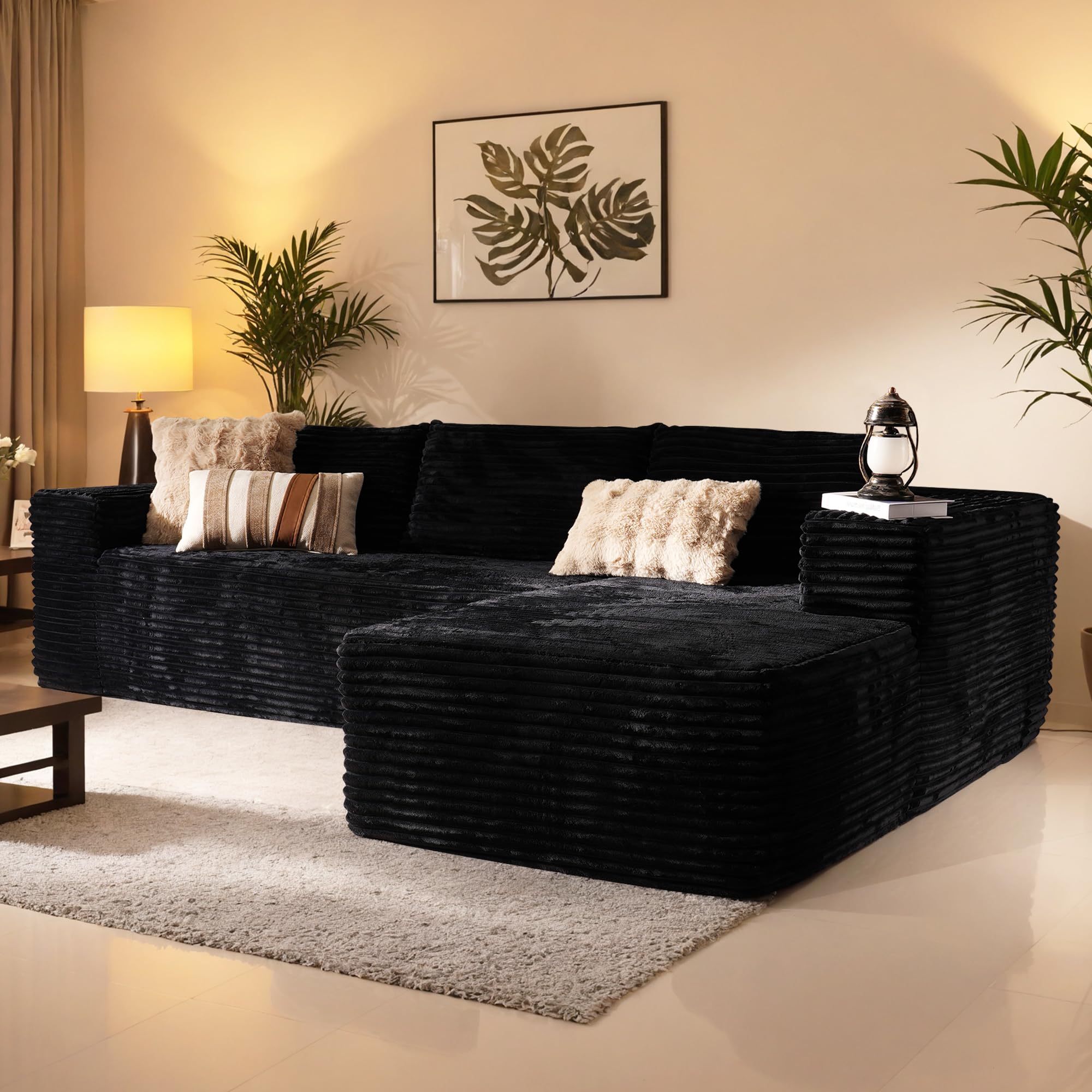 106" Cloud Sectional Couch with Chaise Longue,L Shaped Modular Modern Sofa,Comfy Corduroy Fluffy Couch with Deep Seat,No Assembly Required Couch for Living Room(Right,Plush Corduroy,Black)