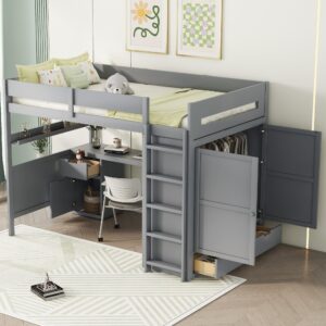 full size loft bed with desk, wardrobe and drawers, wood full storage bed frame with cabinet and shelves for kids teens adults, no box spring needed, easy assembly (gray)